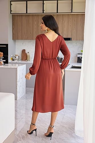 GRACE KARIN Long Sleeve Satin Wedding Guest Dresses for Women Cocktail Midi Dress Elegant A-Line Slit Semi Formal Dress Rust XL