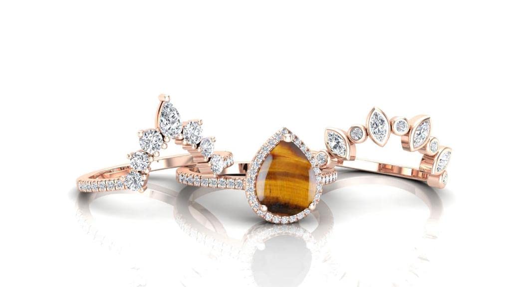 Beautiful Natural Cabochon Tiger's Eye Engagement Ring Set, Antique 3Pcs Wedding Ring Set For Bride, Vintage Halo Ring Set,Gift For Birthday (ROSE GOLD, 7)