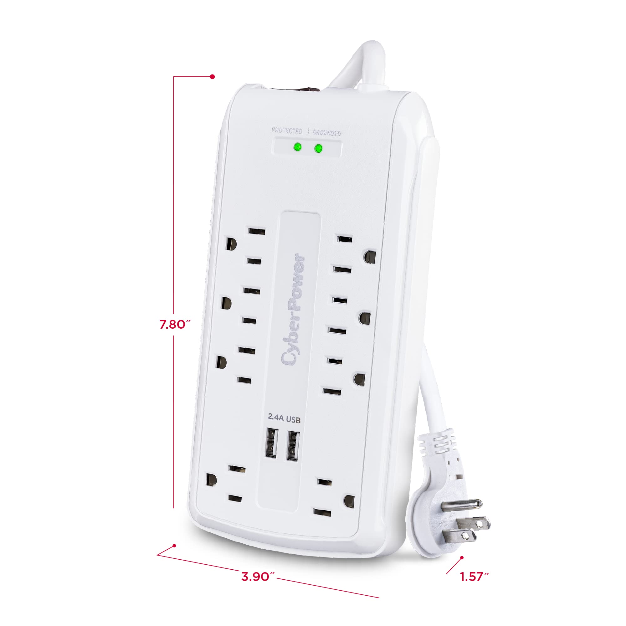 CyberPower CSP806U Professional Surge Protector, 3000J/125V, 15A, 8 Outlets, 2 USB Charging Ports, 6 Foot Cord, White
