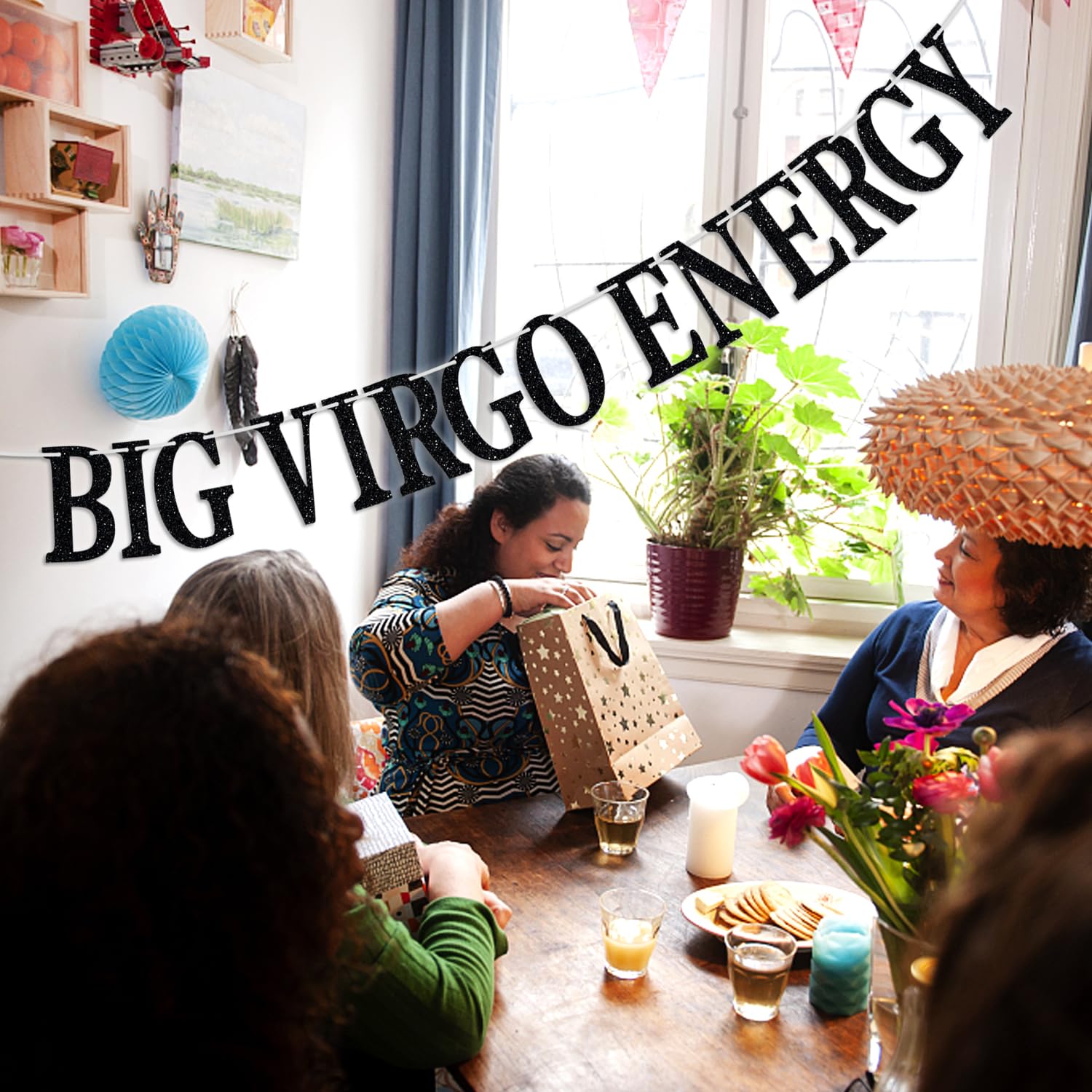 Big Virgo Energy Banner, Virgo Aug/Sept. Birthday Party Decor - 12 Constellation Theme Birthday Party Decorations Supplies, Black Glitter
