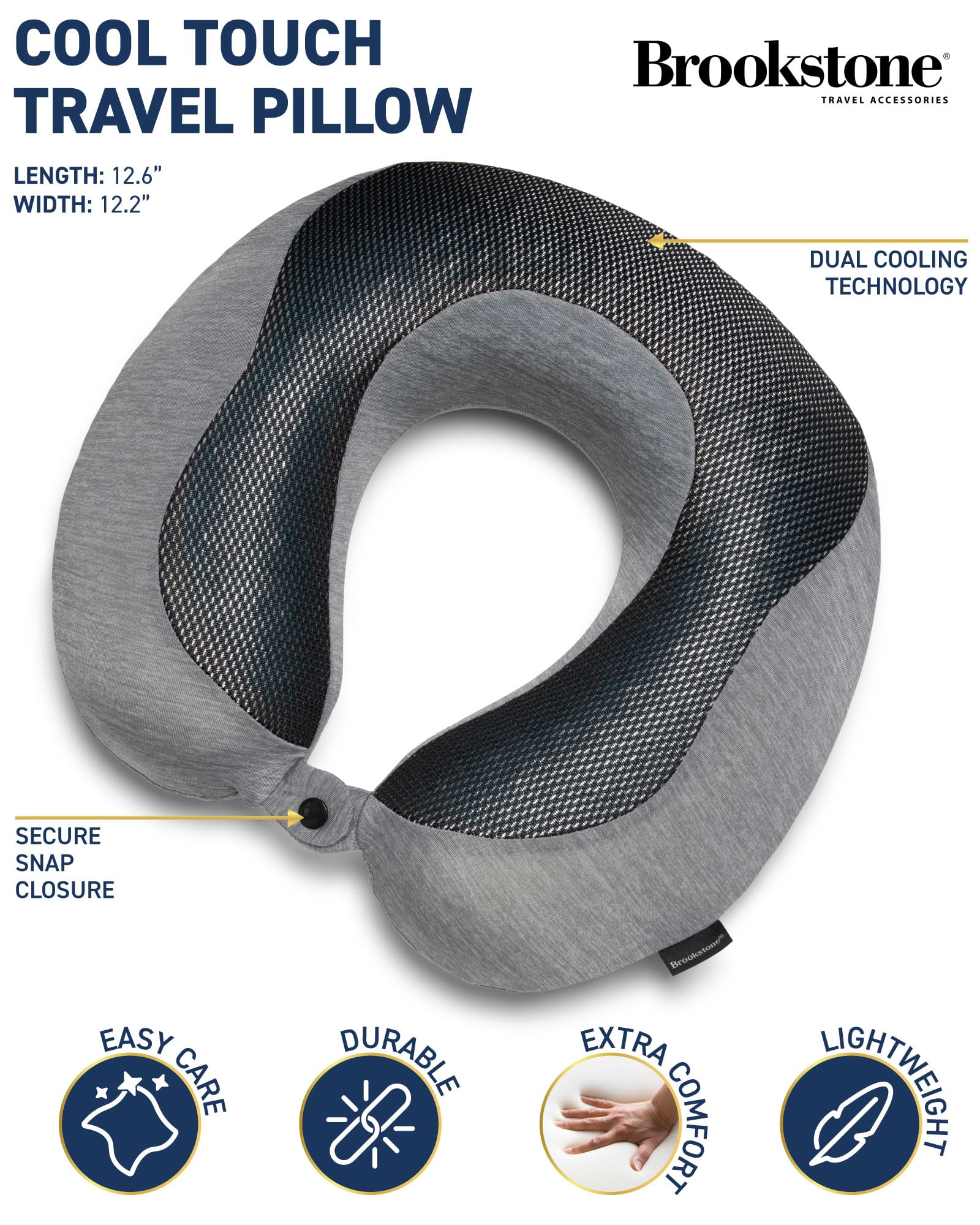 Brookstone Cool Touch Memory Foam Head and Neck Travel Pillow for Vacations, Airplanes, Trains, Buses, and Cars, Dark Grey