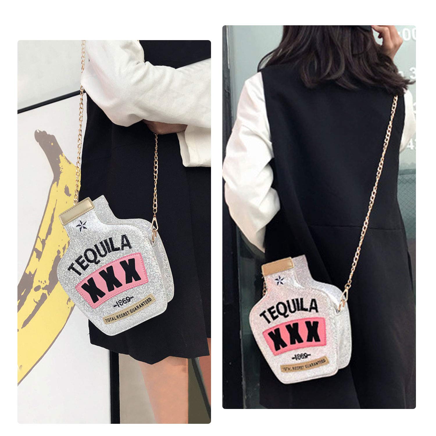 Lanpet Women Sequins Cross Body Bag Bottle Shaped Evening Chain Strap Shoulder Bag
