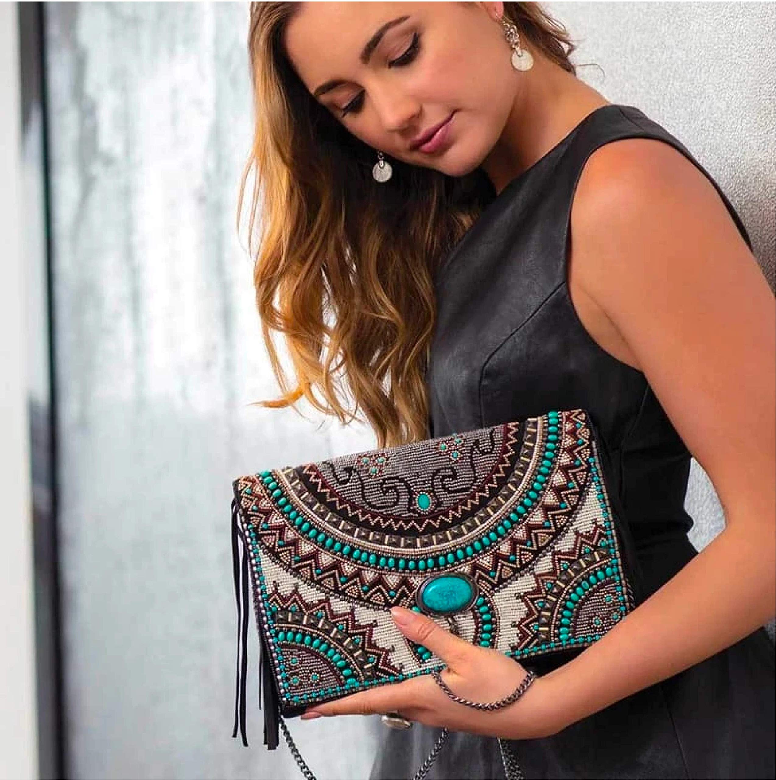 Mary Frances Accessories – Crossbody Handbag – Earth and Sky Beaded Leather Crossbody Purse for Women