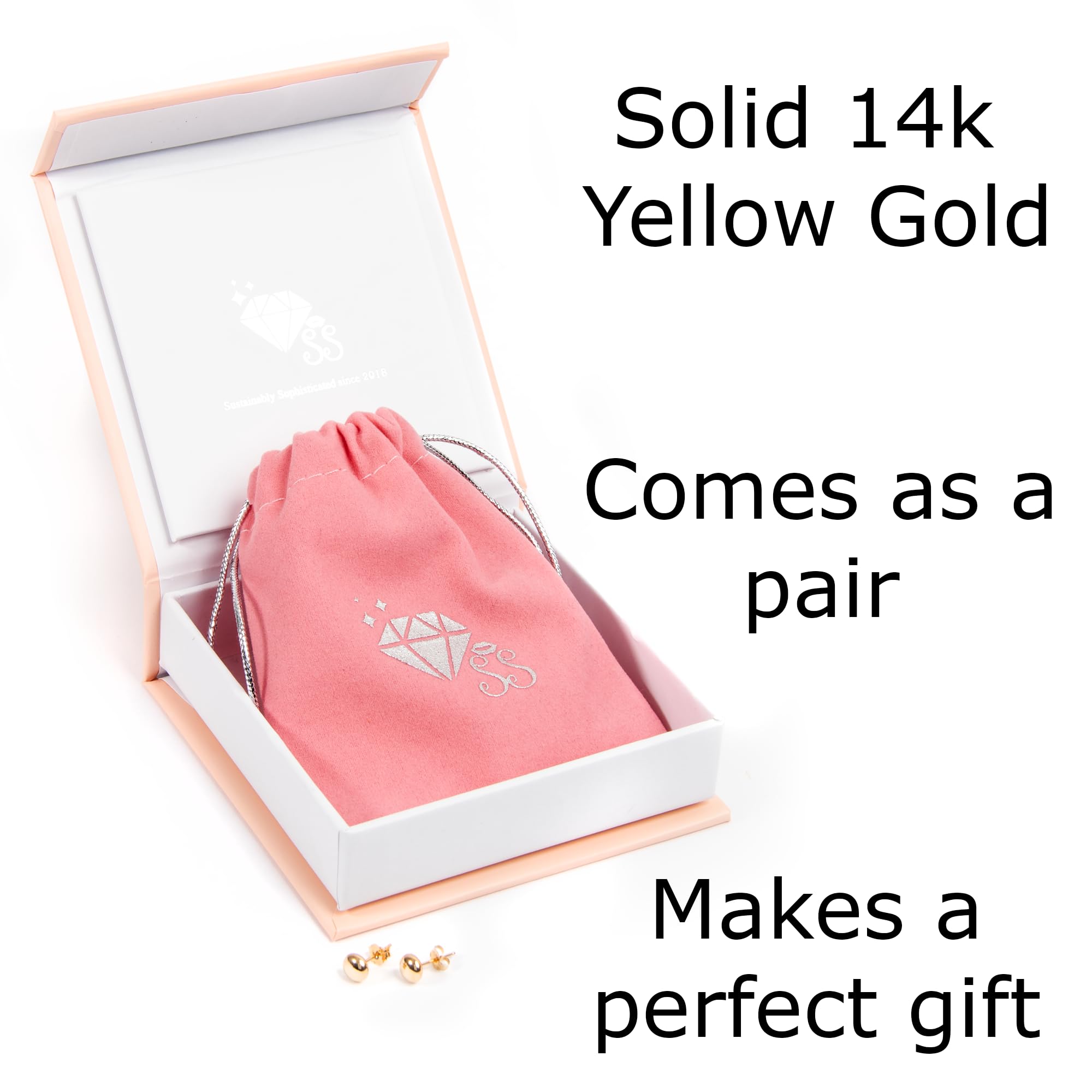 Silver Smile - 14K Solid Yellow Gold Ball Earrings for Women, Light Weight Studs, Attractive Butterfly Back Design, Ideal Gift for Loved Onces, Comes in 3mm/ 4mm/ 5mm/ 6mm/ 7mm/ 8mm