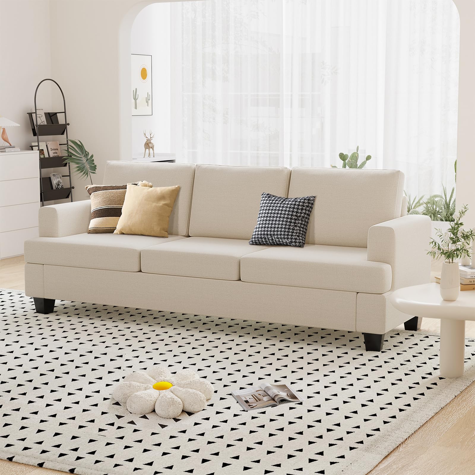 Furnimart 85 inch Deep Seat Sofa, Comfy Cloud Couch for Living Room, Beige Linen Sofa, Modern 3 Seater Couch, Cozy Fluffy Couch with Removable Sofa Cover, Small Couches for Small Spaces