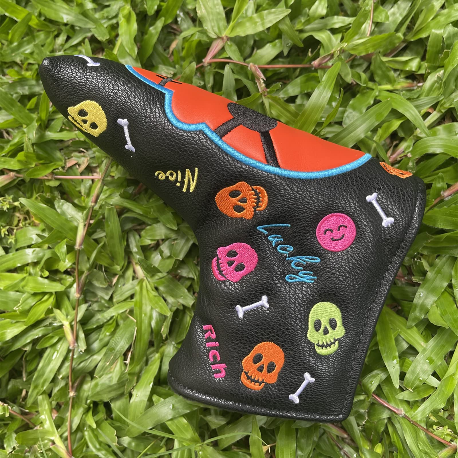 CALONG Calong Golf Putter Headcover Black Skull Blade Style Putters Cover with Velcro Golf Club Head Cover , Black/Orange