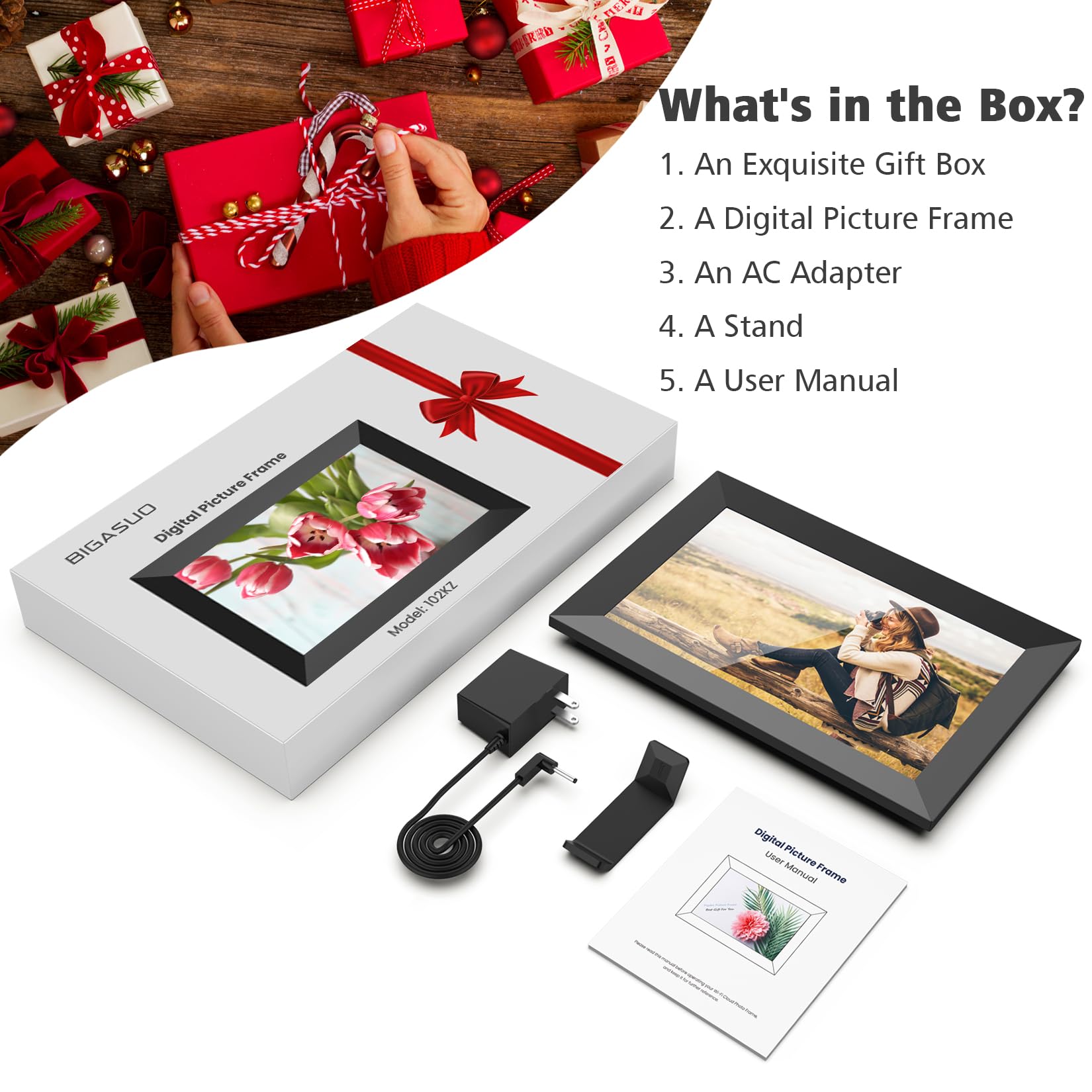 BIGASUO 10.1 Inch WiFi Digital Picture Frame, IPS HD Touch Screen Cloud Smart Photo Frames with Built-in 32GB Memory, Wall Mountable, Auto-Rotate, Share Photos Instantly from Anywhere-Great Gift