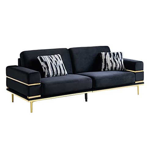 Dolonm Velvet Couch for Living Room, Modern Wide Seat Sofa Extra Long Couch with 2 Pillows and Square Arms, Upholstered Comfy Sofa Decor Furniture, Black-Type B