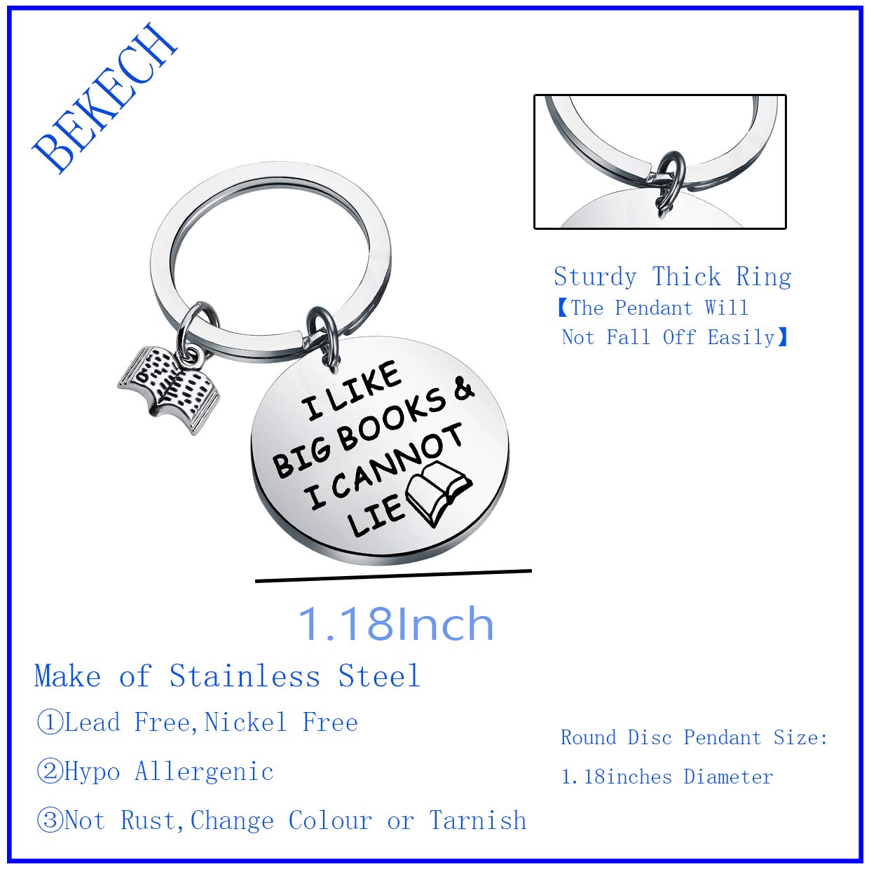 BEKECH Book Keychain Bookworm Gift Book Lover Gift I Like Big Books and I Cannot Lie Keychain Book Lovers Reading Jewelry Book Club Gift Librarian Gift (Silver)