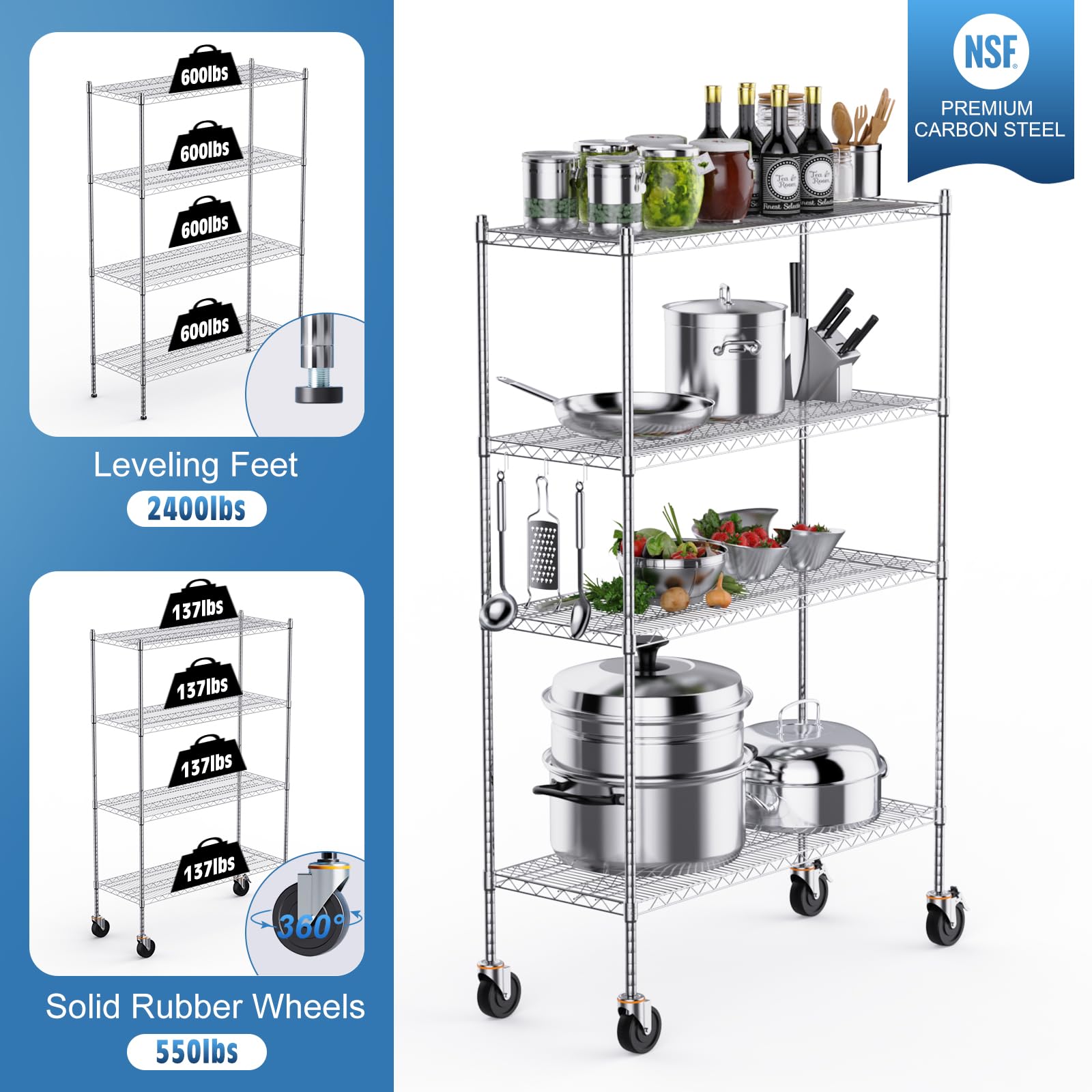 Luxspire Wire Shelving Unit with Wheels, 2400LB Heavy Duty NSF Commercial-Grade Adjustable Storage Shelves, Metal Shelving Utility Rack, Kitchen Garage Organizer Shelf Rack,4-Tier 48x18x72 in, Chrome
