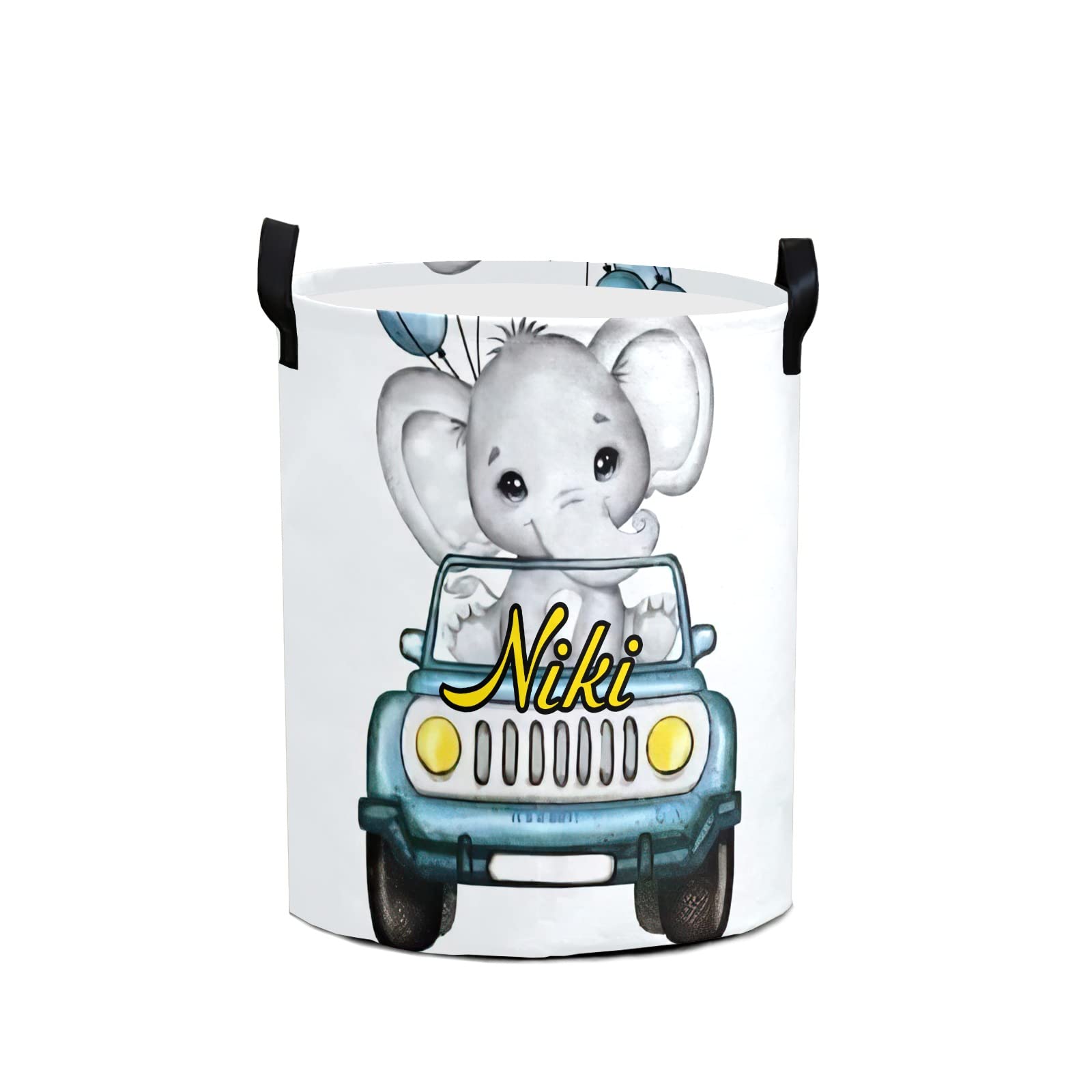 BigBigift Little Elephant with Car Laundry Basket Personalized with Name Laundry Hamper with Handle Organizer Storage Bin Bedroom Decor for Boys Girls Adults