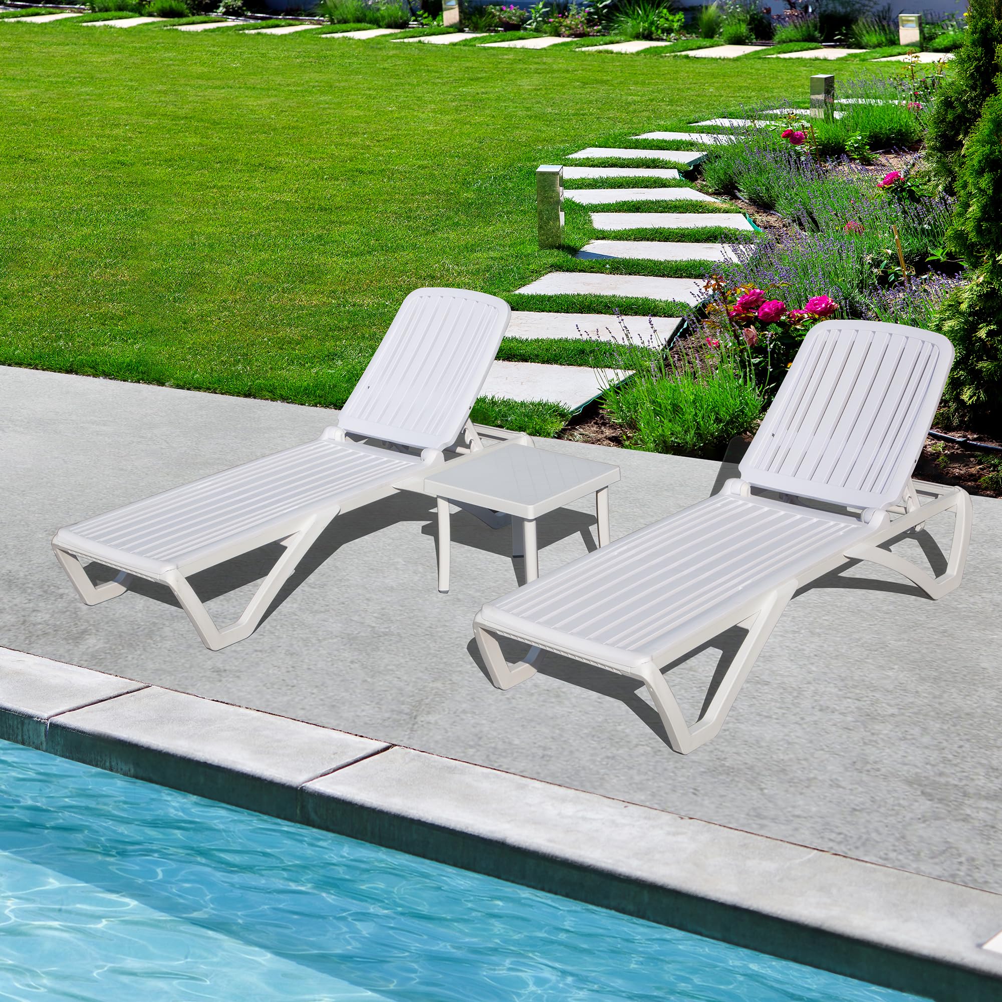 Domi Outdoor Chaise Lounge Set of 3, Pool Lounge Chairs Plastic Adjustable Recliners Tanning Lounge Chair with Table for in-Pool Sunbathing Beach Lawn Poolside, White