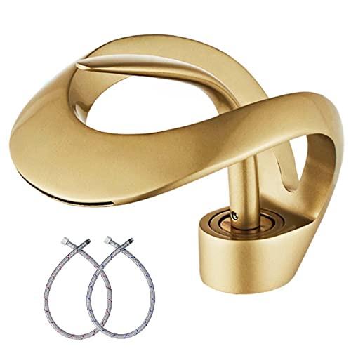 Elegant Waterfall Single Handle 1-Hole Bathroom Vessel Sink Faucet Bathroom Faucet Solid Brass Bathroom Vessel Sink Faucet Vanity Sink Faucet Mixer Basin Tap cUPC Certified(Frosted Gold)