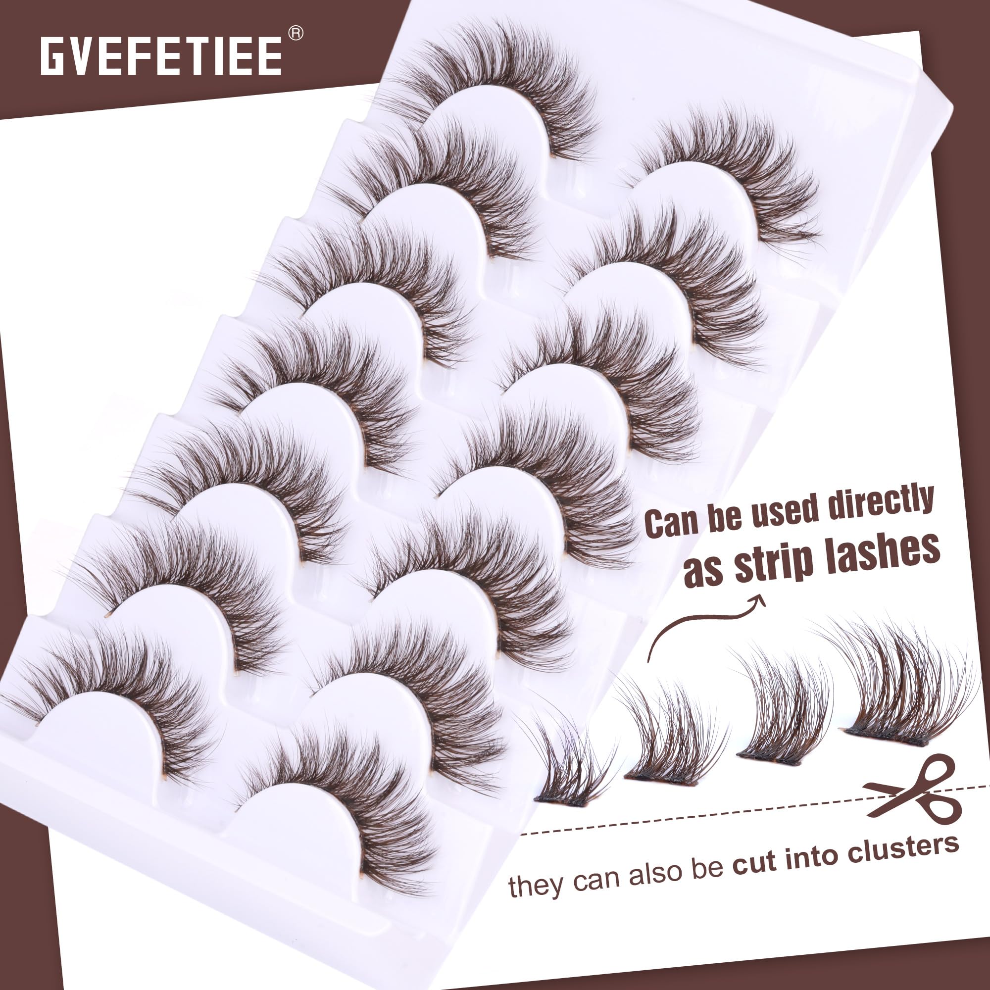 Brown Lashes False Eyelashes Mink Lashes Natural Look Fluffy Wispy Eyelashes Dark Brown Eyelashes Clear Band Lashes Pack by GVEFETIEE 7 Pairs