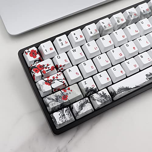 JSJT Custom Keycap-Keycaps 65 Percent Suitable for GK68/RK68 Mechanical Keyboards 68 White Key Set Japanese Keycaps OEM Profile PBT Keycaps with Keycap Puller (Plum Blossom Keycaps)