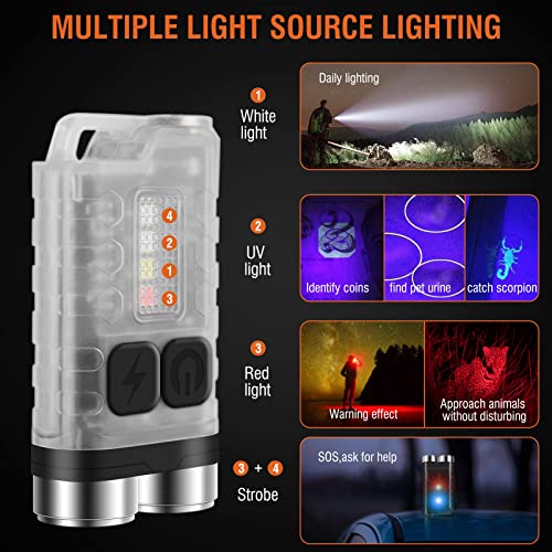 BORUIT V3 Small Powerful EDC Flashlight with Red UV Blue Light -Super Bright 900LM Rechargeable Mini Pocket LED Keychain Flash Light - 10 Mode, USB-C, IP65 Waterproof, Magnet, White
