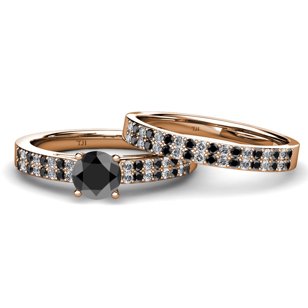 Black & White Natural Diamond Double Row Bridal Set Ring & Wedding Band 1.70 ctw 14K Rose Gold.size 9.0