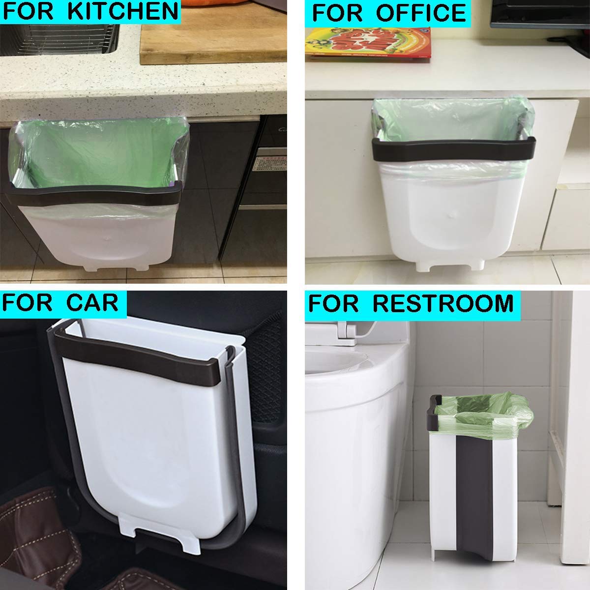 EGUANSHIZU Hanging Cabinet Door Trash Can, 2.4 Gallon Capacity, White, ABS and Silicone Material, Foldable for Easy Storage and Portable Use