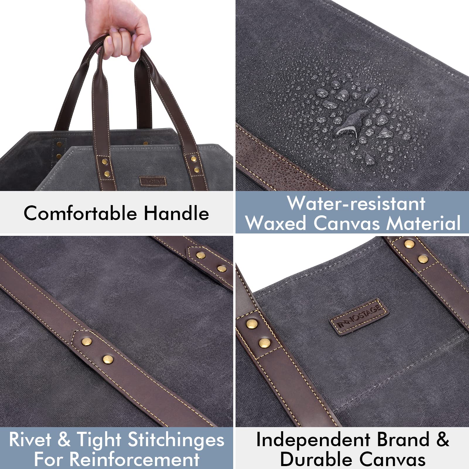 Log Carrier|Waxed Canvas Log Holder|Firewood Carrier Tote Bag|Fireplace Wood Stove Accessories-Grey