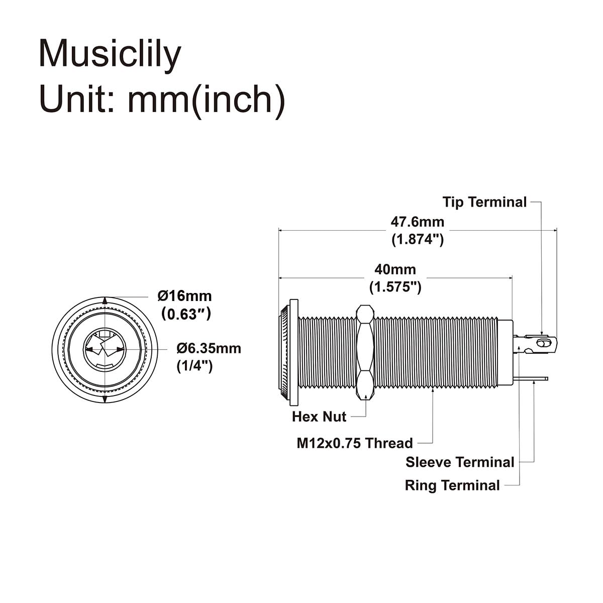 Musiclily Pro 1/4" Metal Mono Guitar Bass Barrel Output Jack Input Plug Sockets for Electric Guitar, Black