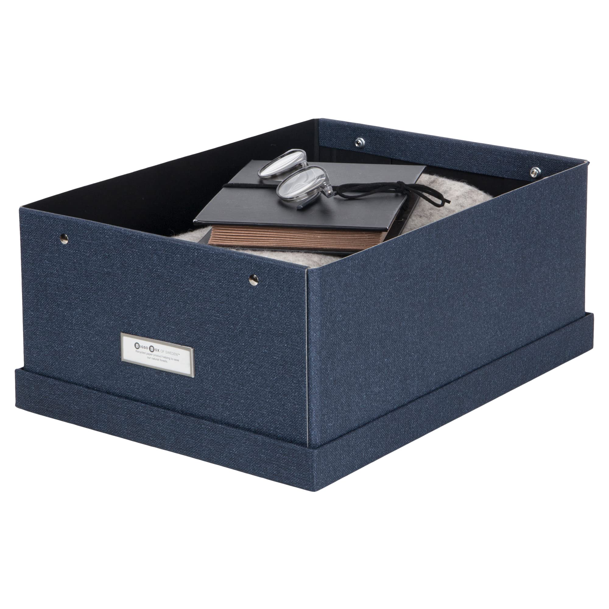 Bigso Katia KD Collapsible Storage Box | Photo Storage Box with Labelframe for Easy Identification | Simple Assembly without Tools | Decorative Storage Boxes with Lids | 11.3"x15.4"x6.4" | Blue