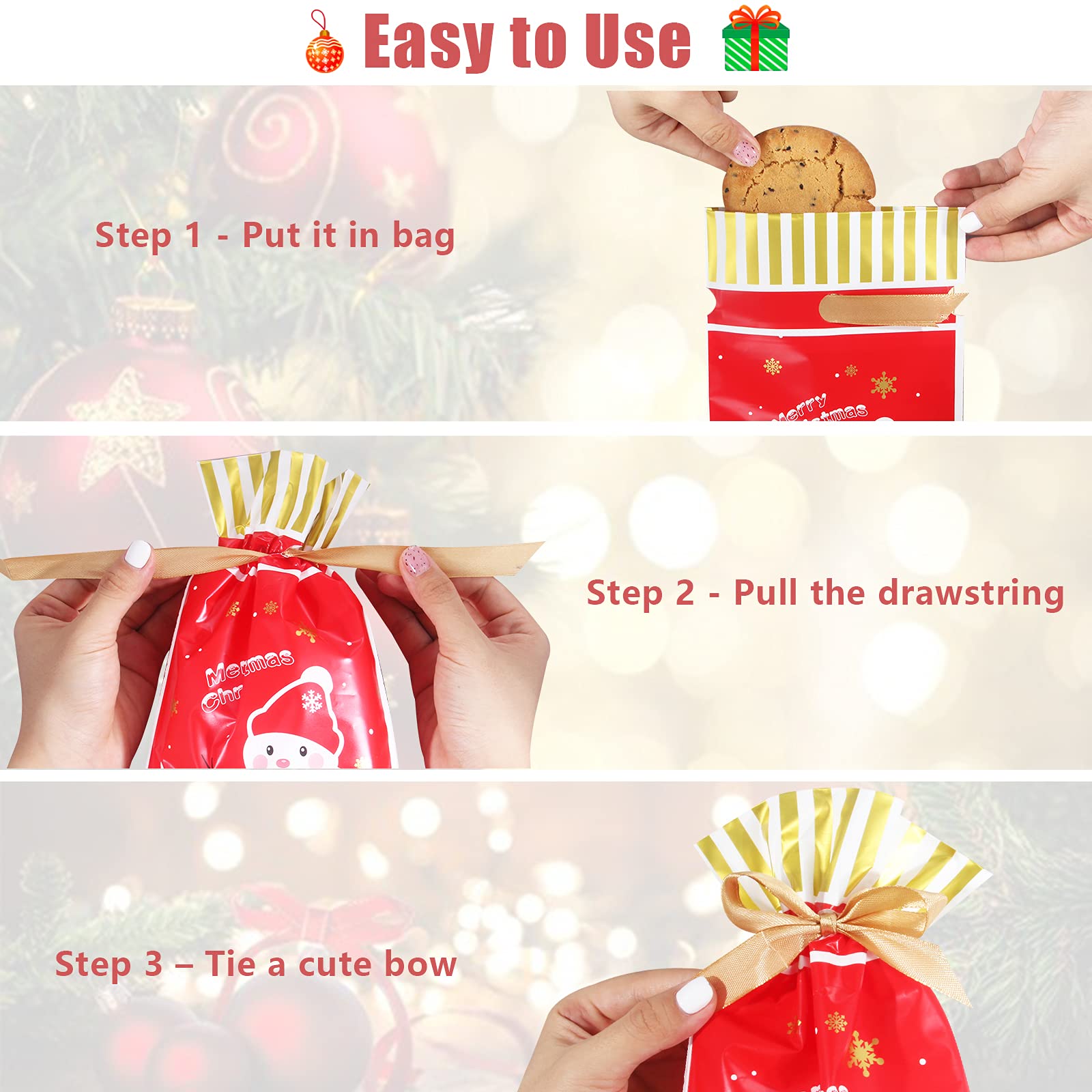 Heniho 60pcs Christmas Treats Bags, 4”x 6” Drawstring Candy Cookie Bags Gift Party Favors