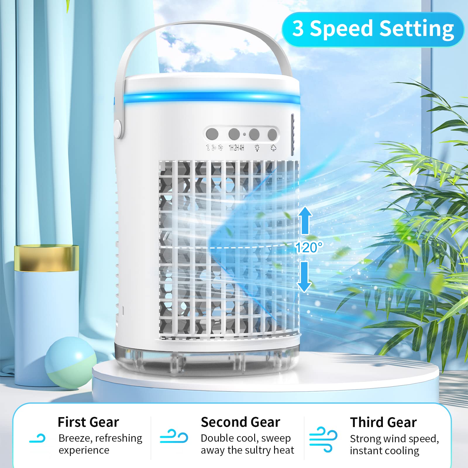 Mencapai Portable Air Cooler Fan, 4 in 1 Personal Evaporative Air Conditioner with 1400ML Water Tank, Remote Controller, Timer, 3 Wind Speeds, 2 Misting Modes and LED Light, for Home Office Bedroom