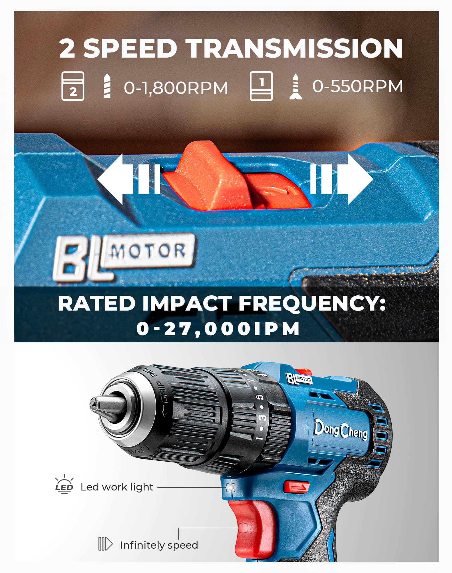 Dong Cheng 20V Brushless Heavy-duty Impact Drill, 435 in.lbs, 27000 BPM, 1/2" Keyless Metal Chuck, 20+1+1 Clutch, Cordless Hammer Drill with 2 Battery Kit for Drilling Brick Wall, Metal, Wood