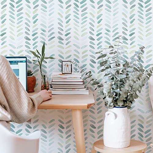 Green and White Wallpaper Peel and Stick Wallpaper Boho Contact Paper for Cabinets Leaf Wallpaper for Bedroom Self-Adhesive Removable Wallpaper Herringbone Wallpaper Drawer Kids Wallpaper 17.3βΓ78.8β