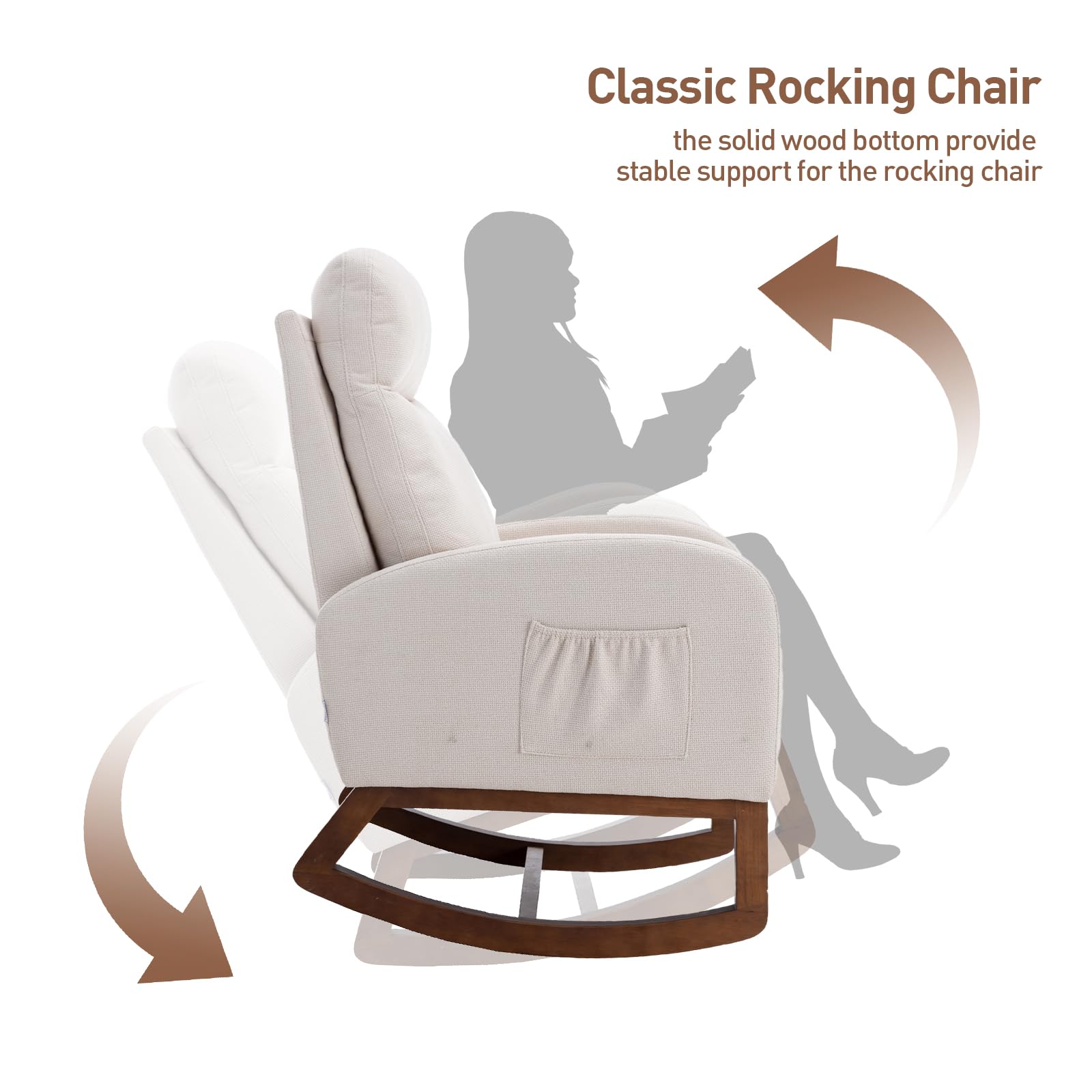 BIGTREE Modern Rocking Chair, Nursery Glider Rocker with Upholstered 2 Side Pocket Comfortable Armchair and High Backrest Accent Indoor for Living Room Lounge