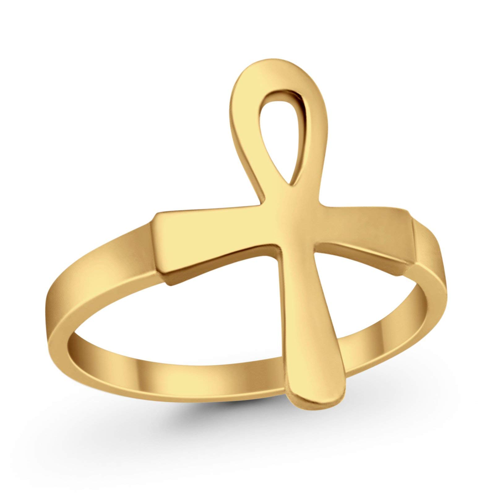 Blue Apple Co. Yellow Tone, Sterling Silver Size-8 Dainty Petite Egyptian Vintage Design Simple Plain Ankh Ring Round 925 Sterling Silver