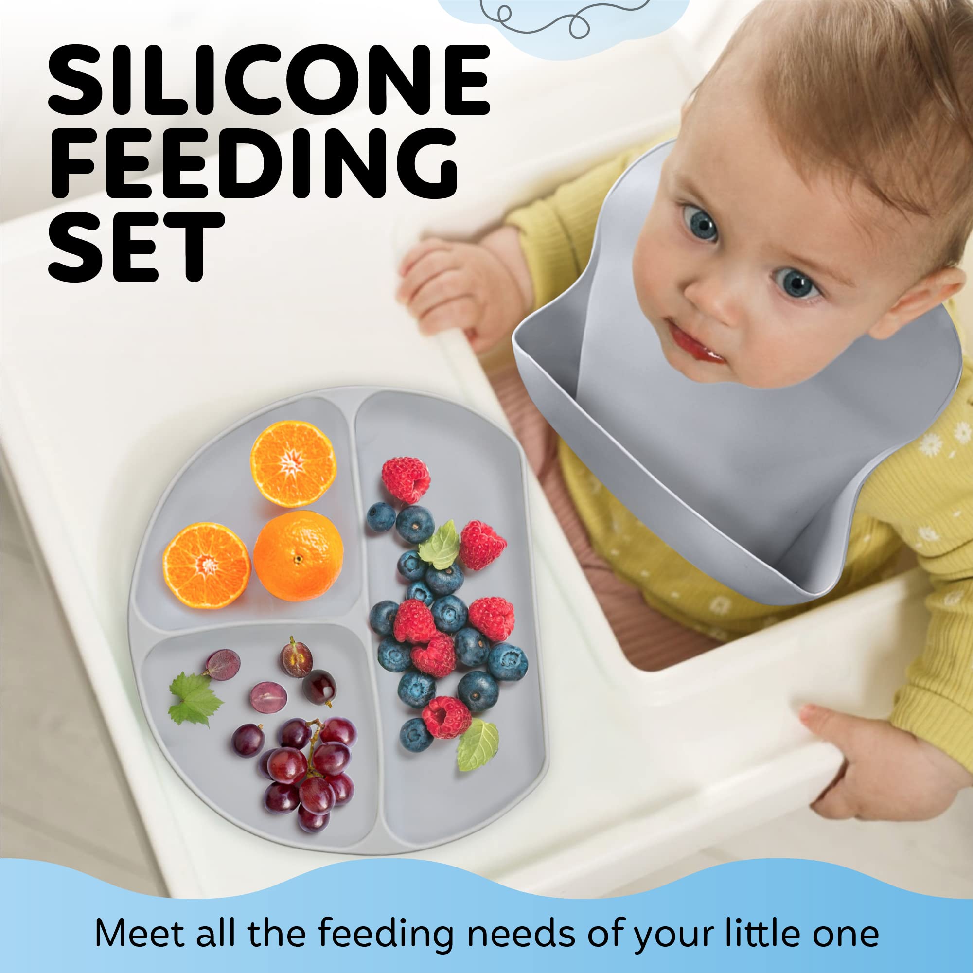 Complete Baby Mealtime Bundle - Baby Weaning Supplies, Silicone Bib with Food Pocket, Secure Suction Plate and Bowl, Child-Safe Utensils, Teething Toy, Straw Sipper Cup 0-48 Months
