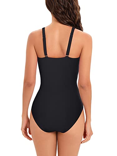 One Piece Bathing Suit for Women Front Cross Athletic Tummy Control Swimsuits V Neck Slimming Swimwear Black White Stripes M