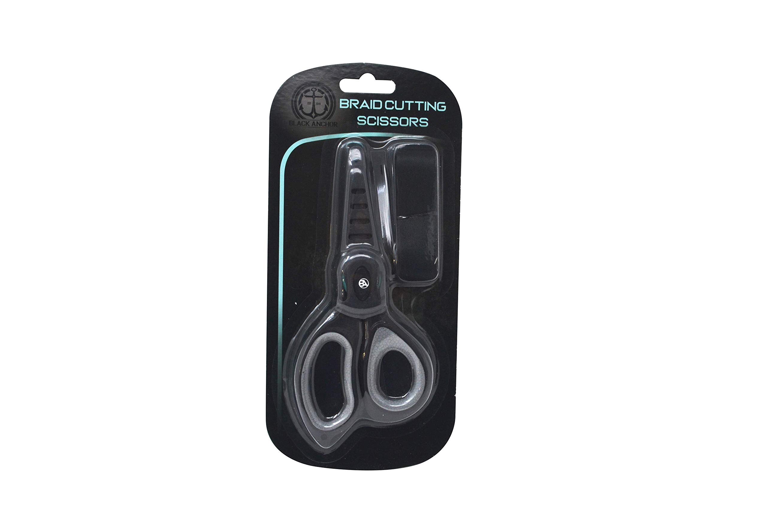 Black Anchor Fishing Braid Line Scissors, Super Sharp Japanese Stainless Steel Blades with Micro Serrated Cutters, w/Sheath, Non-Slip TPR Handles, Includes Lanyard