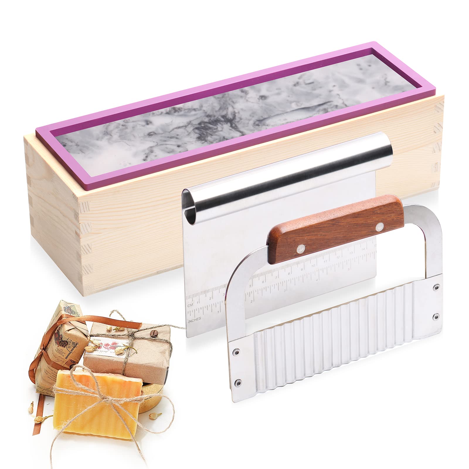 BOOWAN NICOLE Soap Making Kit for Adults 42oz Loaf Rectangular Soap Mold with Wooden Box Wavy & Straight Slicer Melt and Pour or Cold Process Tool Set