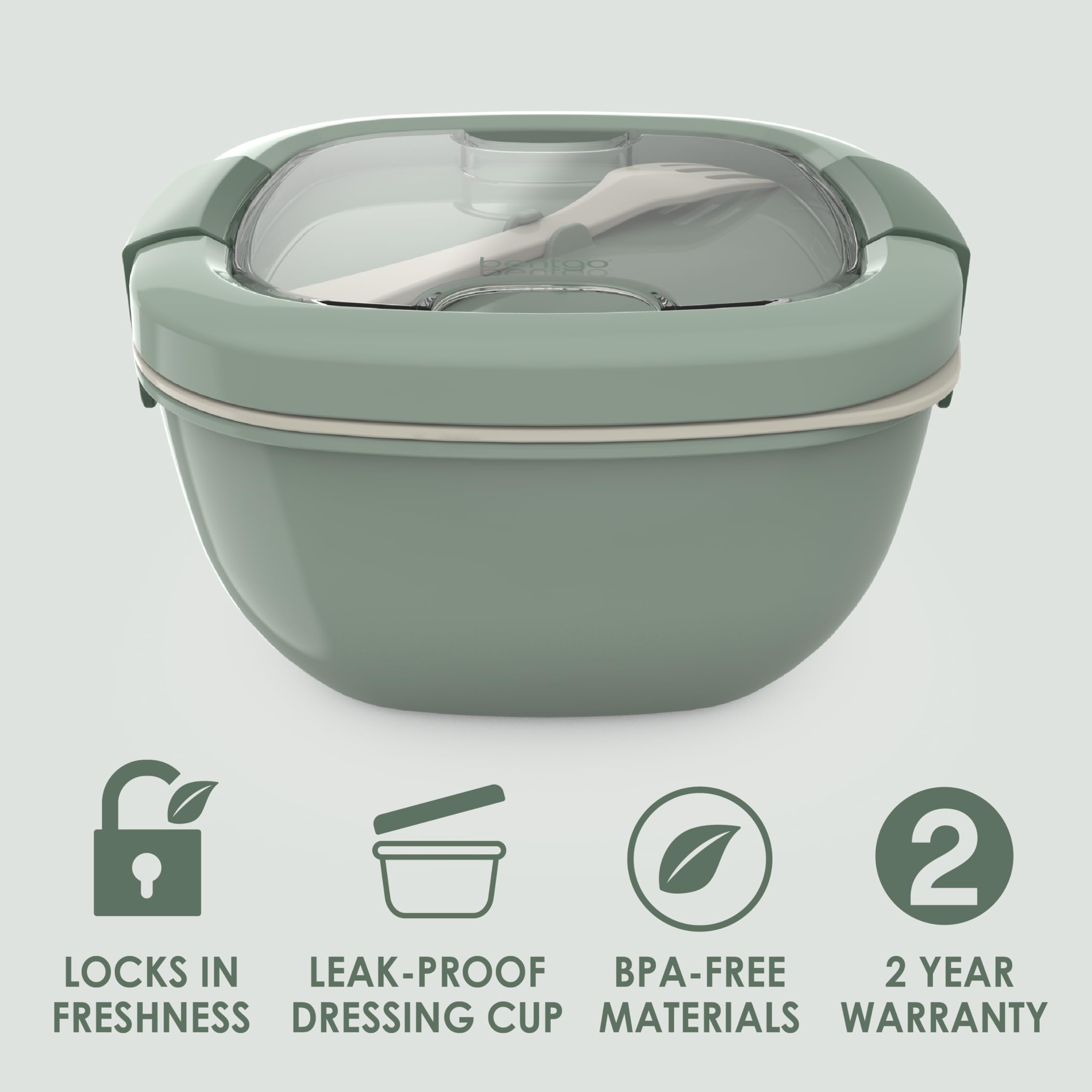 Bentgo® All-in-One Salad Container - Large Salad Bowl, Bento Box Tray, Leak-Proof Sauce Container, Airtight Lid, & Fork for Healthy Adult Lunches; BPA-Free & Dishwasher/Microwave Safe (Khaki Green)