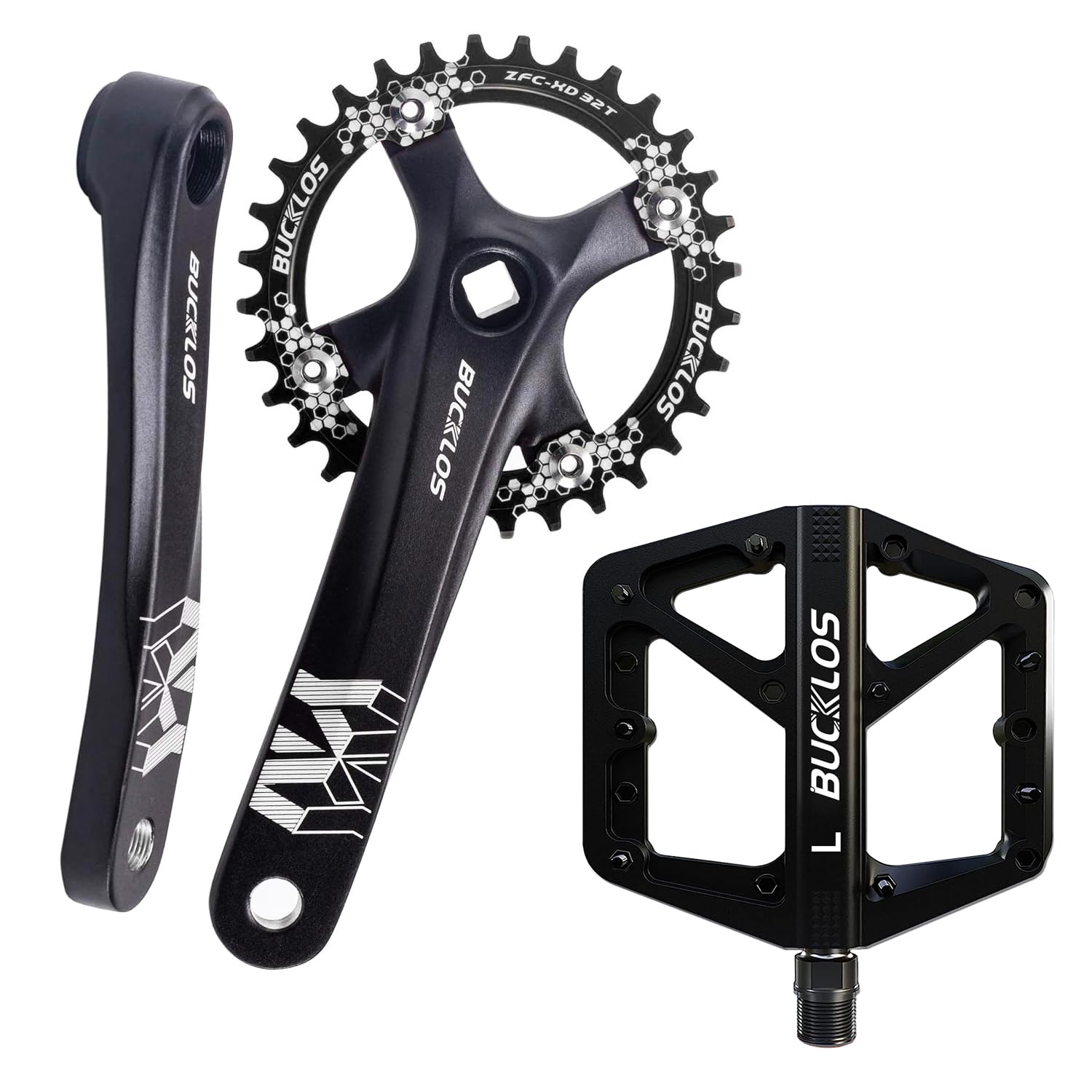 BUCKLOS MTB 170mm Square Taper Crankset, 104 BCD Mountain Bike Narrow Wide Tooth Chainring 32T, Single Speed Round Black Chainring and Crankļ¼MTB Road Bike Black Lightweight Pedals