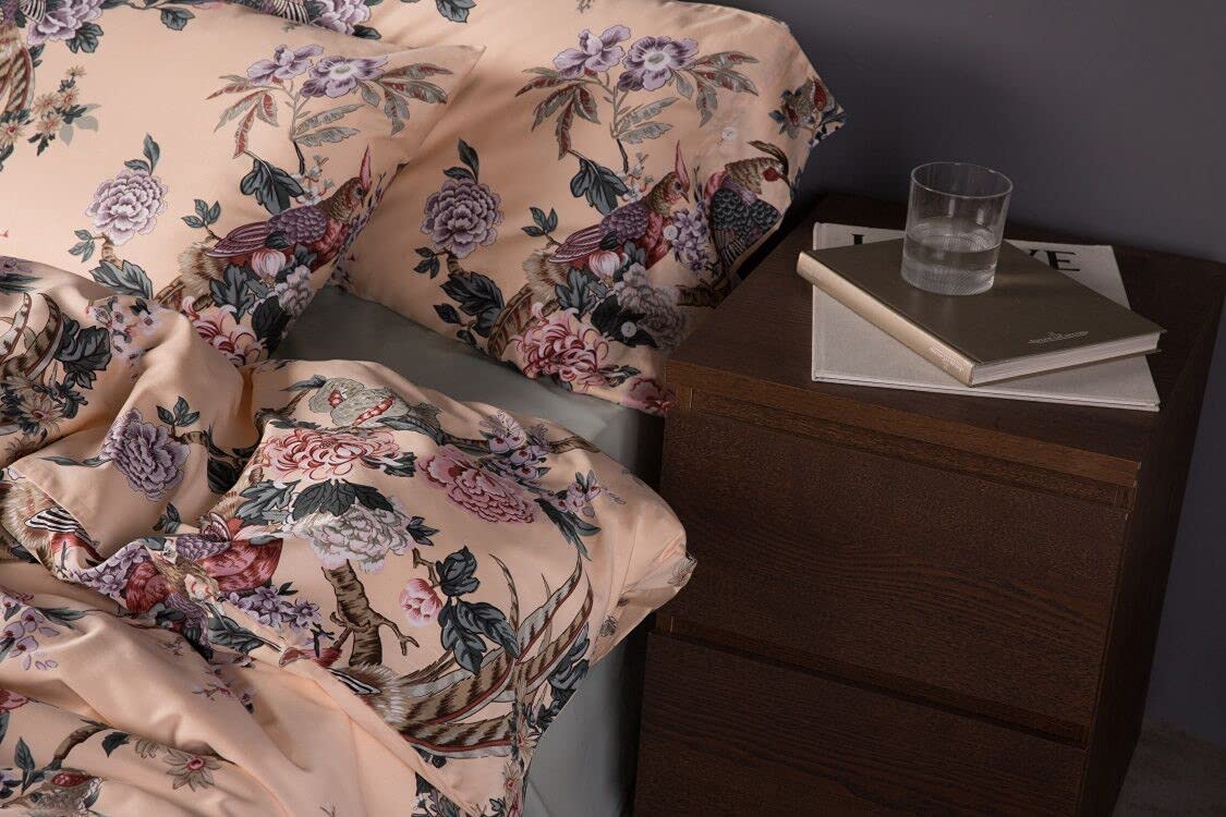 Eikei Home Chinoiserie Chic Peacock Floral Duvet Cover Paradise Garden Botanical Bird and Tree Branches Vintage Stylized Long Staple Cotton Bedding Set (Pastel, Queen)