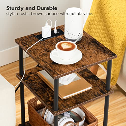 HOOBRO Set of 2 Side Tables with Charging Station and USB Ports, 3-Layer Stackable Nightstand, 23.2 Inches End Table for Small Space in Bedroom, Living Room, Industrial Style, Rustic Brown BF10UBZP201