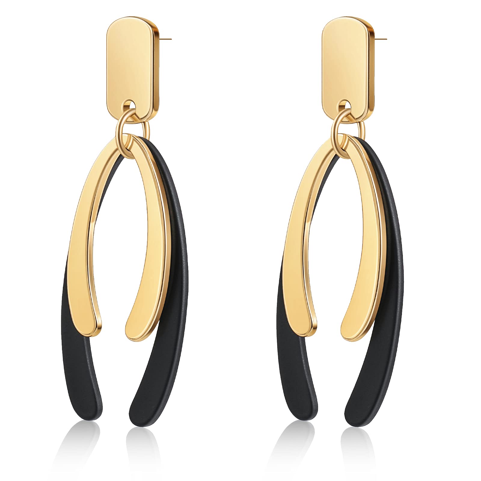 Black and Gold Statement Dangle Earrings - Big Geometric U Shaped, Metal Motion Shaky Asymmetrical Earrings, by Smilephil