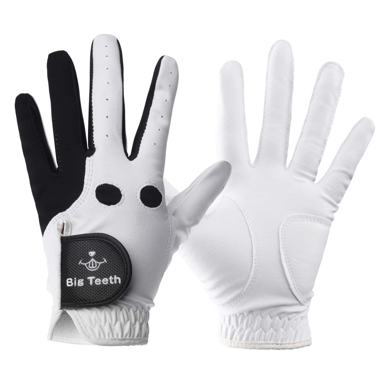 BIG TEETH Men’s Golf Gloves Men Left Hand Pack of 3Pcs Worn Right Handed Golfer,White Black Microfiber Soft Golf Gloves, Fit Size S M ML L XL (Medium, Left)