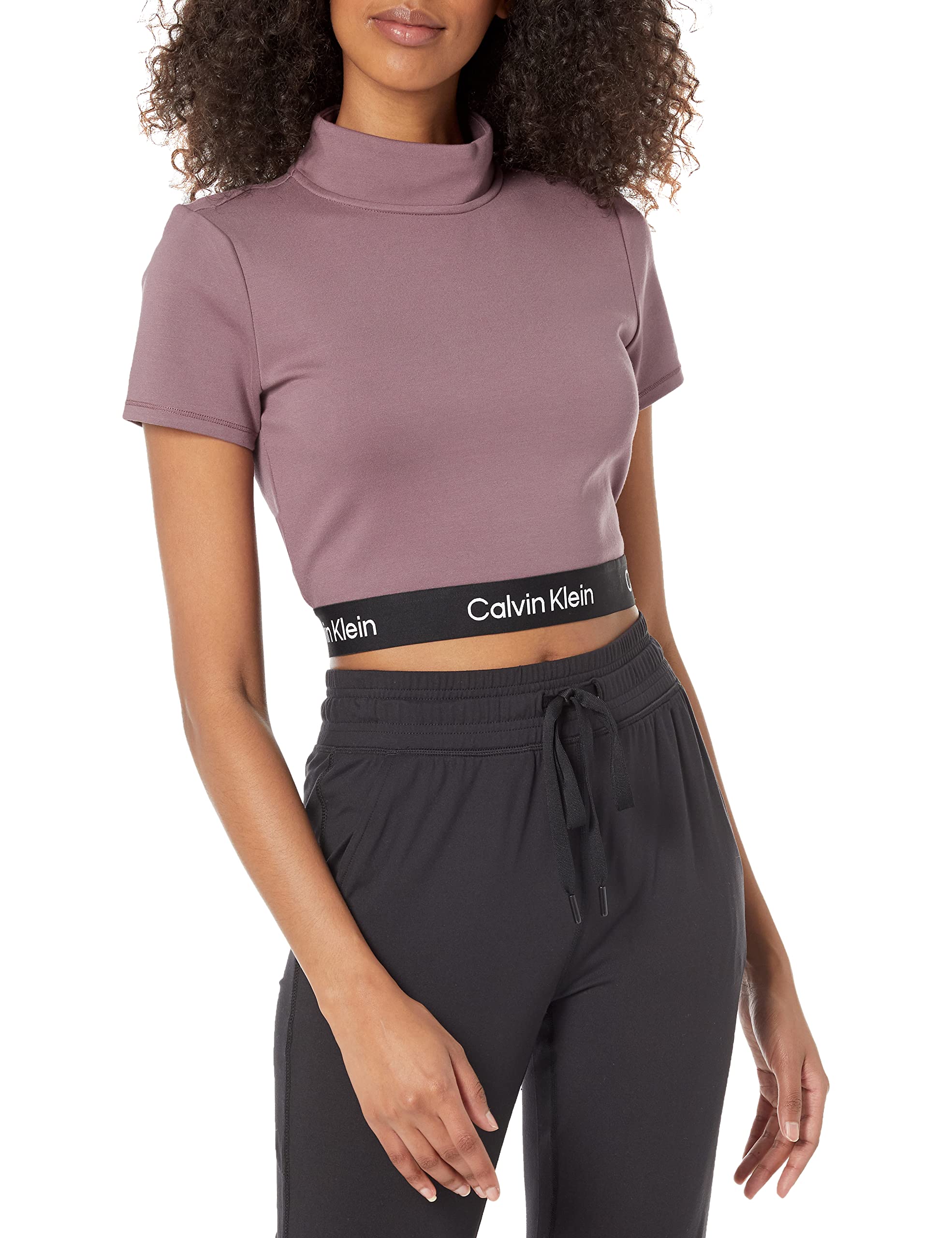 Calvin Klein Performance Women's Mock Neck Ponte Short Sleeve Fitted Crop Top, Black, Large