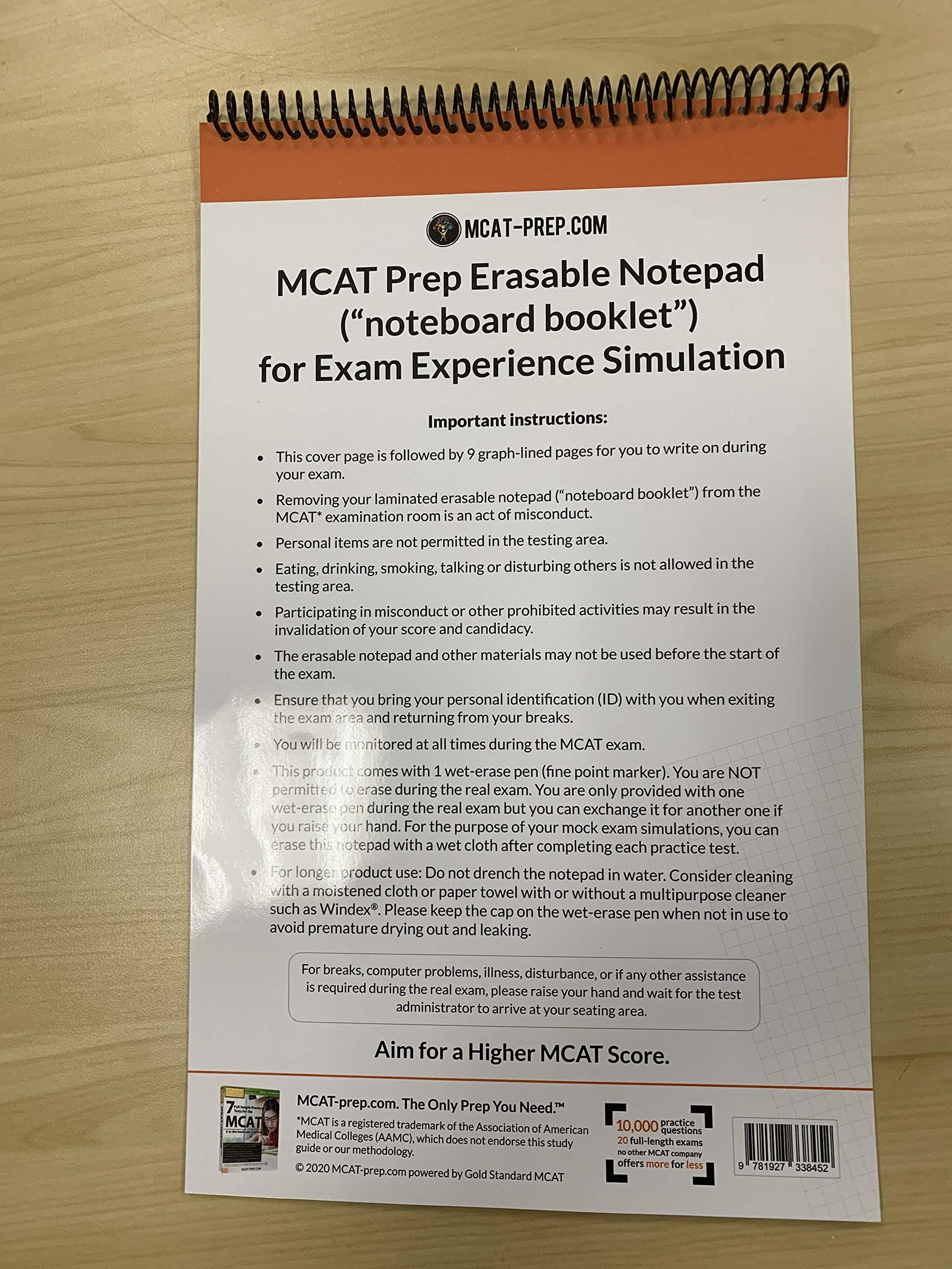 MCAT Prep Erasable Notepad/Whiteboard (noteboard booklet) with Staedtler Marker for Exam Experience Simulation