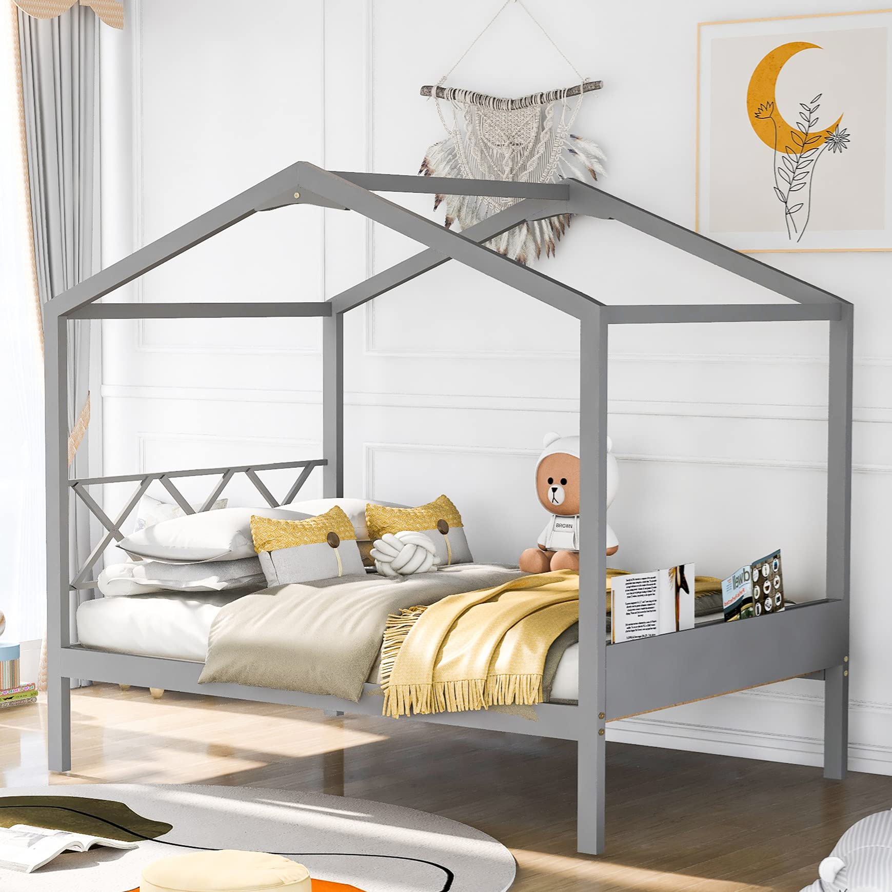 Harper & Bright Designs Full Size House Bed for Kids, Full House Bed Frame with Headboard and Storage Space, Wooden Kids House Bed Full for Girls, Boys,No Box Spring Needed,Grey