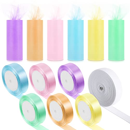 Juinte 13 Rolls 6 Inch Rainbow Ribbon Pastel Tulle Roll 1 Inch Ribbon for Crafts 150 Yards Fabric Spool Ribbon 144 Yards Satin White Rainbow