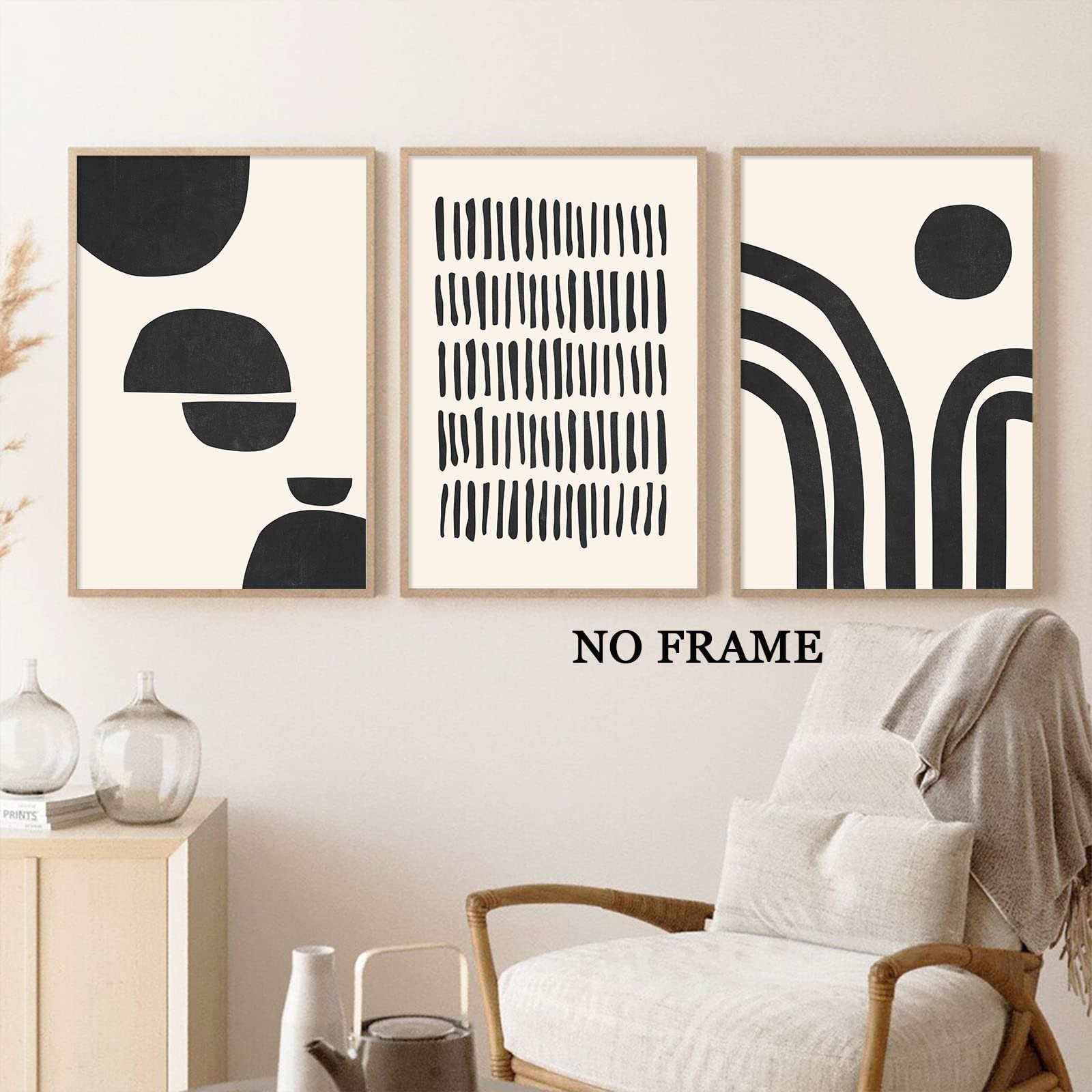 Black and White Abstract Wall Art Boho Line Abstract Drawings Poster Black Stroke Painting Beige Black Abstract Shapes Canvas Modern Geometric Pictures Abstract Line Artwork Print 16x24inchx3 No Frame