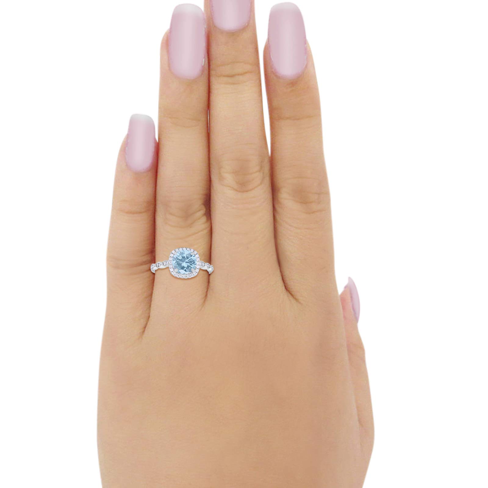 Blue Apple Co. Halo Solitaire Accent Art Deco Engagement Ring Simulated Aquamarine 925 Sterling Silver,Size-7
