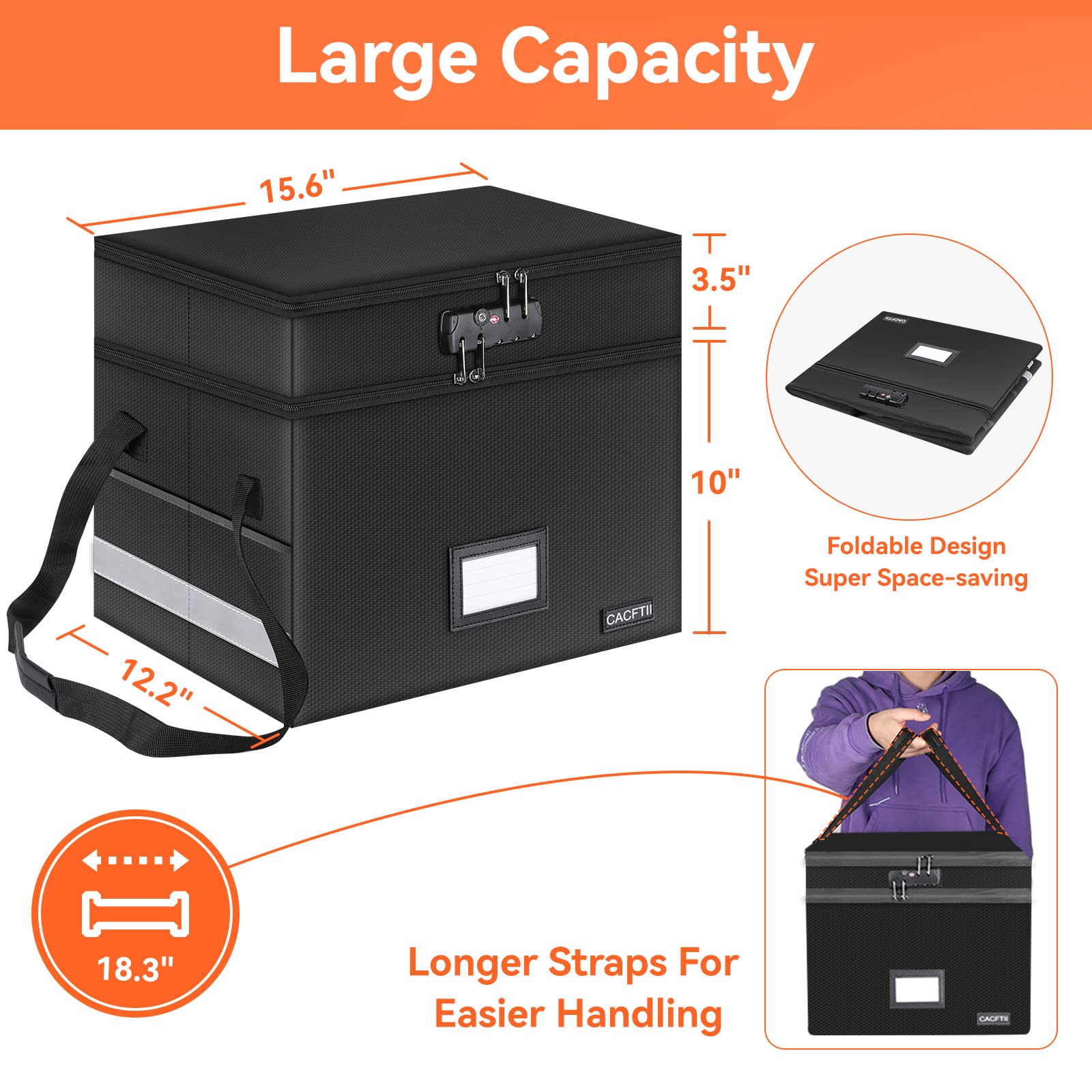 CACFTII Fireproof Document Box with Lock Double Layer Portable File Box with Handle Collapsible File Organizer Lock Box for Hanging Letter/Legal Size Folder/Certificate No Key Required(1 Pack)