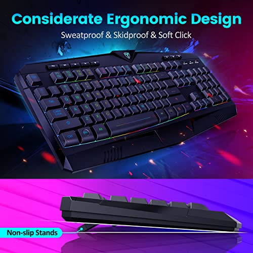 Dacoity Gaming Keyboard, Full Size RGB Backlit Quiet Computer Keyboard, Wrist Rest, Silent Keys, Multimedia Keys, Anti-ghosting, Waterproof Light Up USB Wired Keyboard for PC Mac Xbox Gamer Office