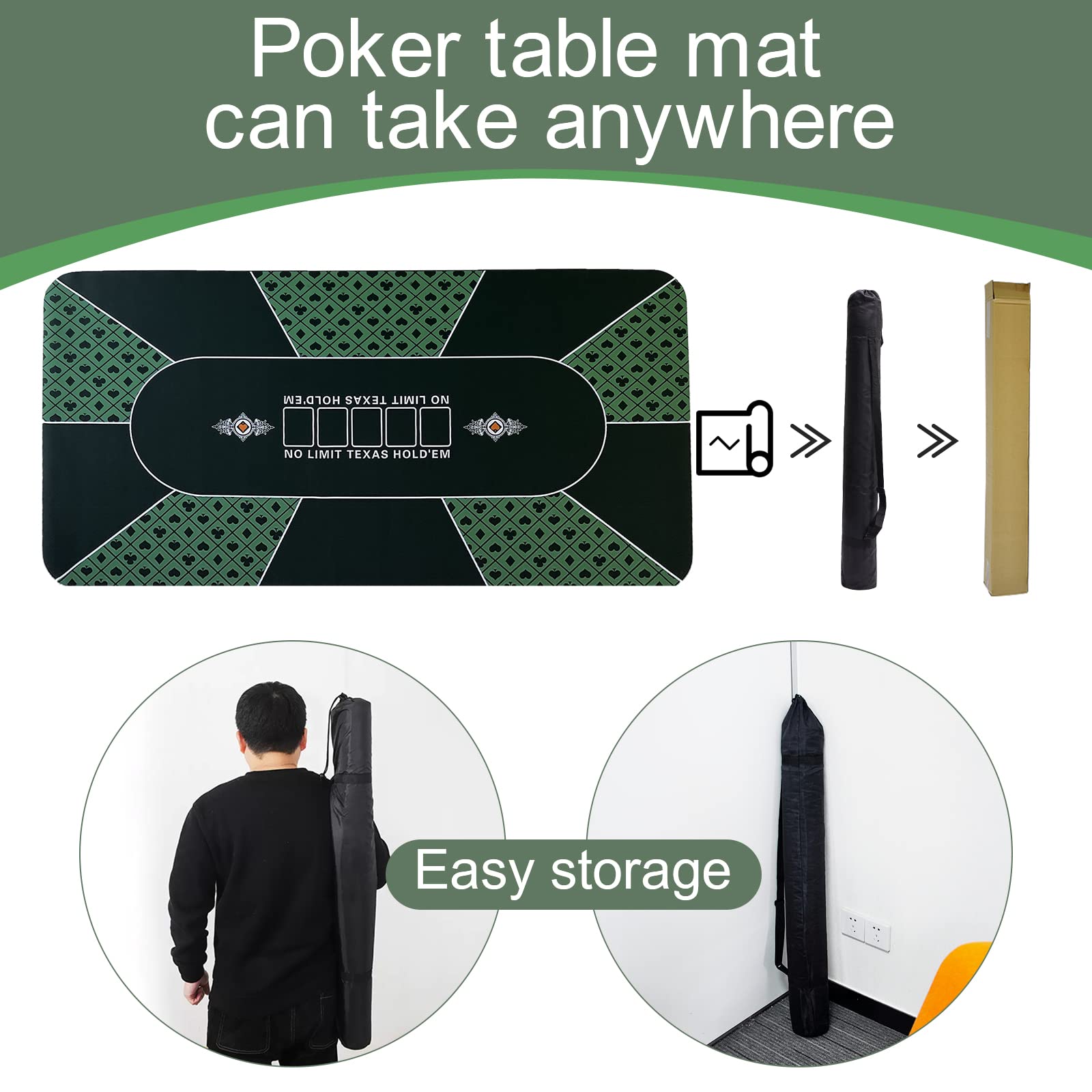 CONTINUE Poker Table Mat 8-10 Players Texas Hold'em Poker Mat Professional Poker Mat Anti-Slip Rubber Poker Table Top Layout with Carrying Bag for Poker Games, Blackjack, Casino (Rectangle Green)